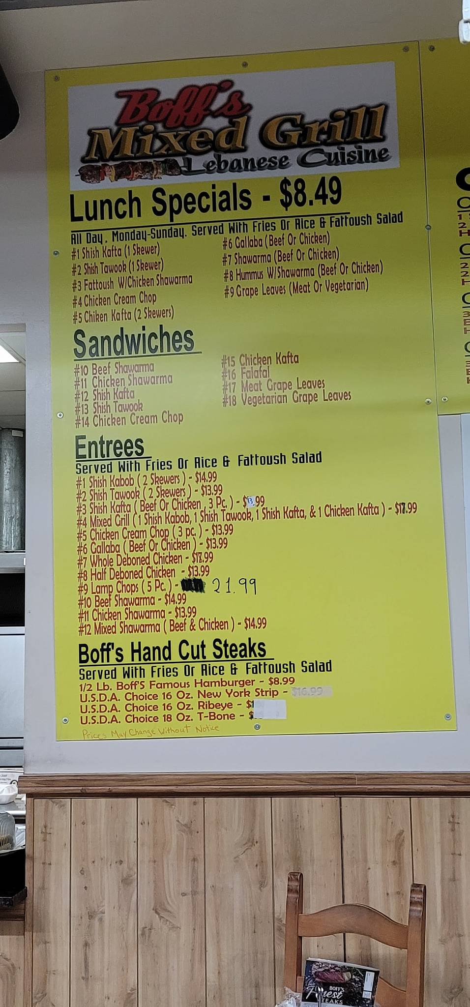 Menu at Boff's Middle Eastern Cuisine restaurant, Warren
