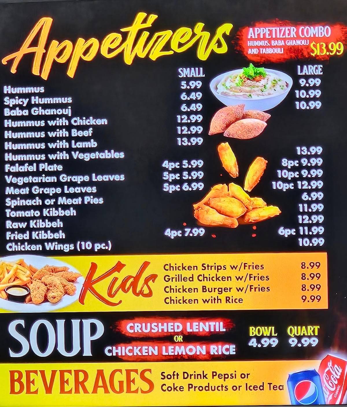 Menu at Boff's Middle Eastern Cuisine restaurant, Warren