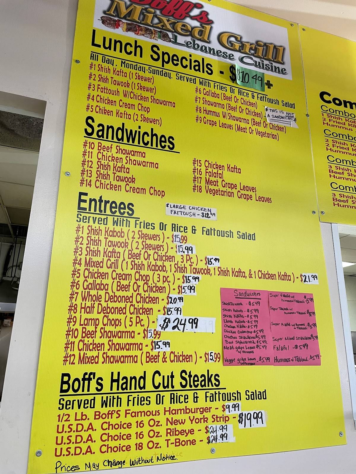 Menu at Boff's Middle Eastern Cuisine restaurant, Warren