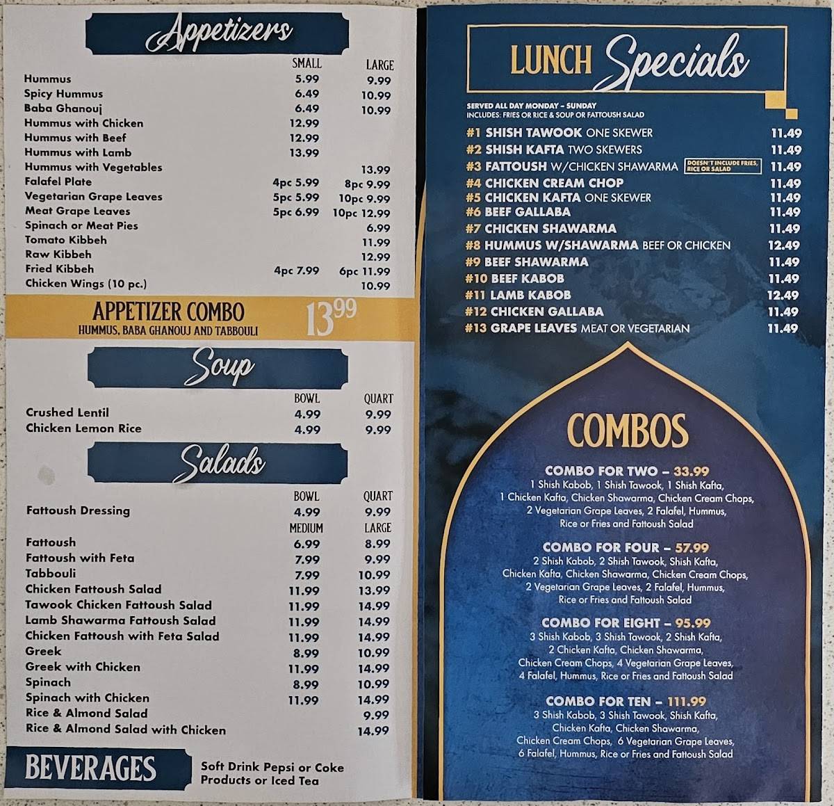 Menu at Boff's Middle Eastern Cuisine restaurant, Warren