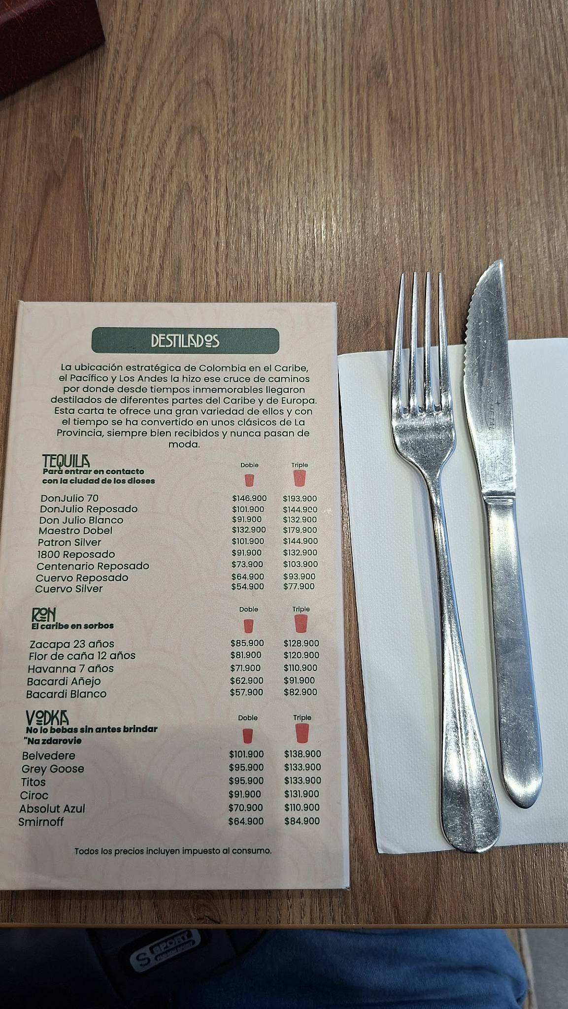 Carta del restaurante Cumbia House, Bogotá