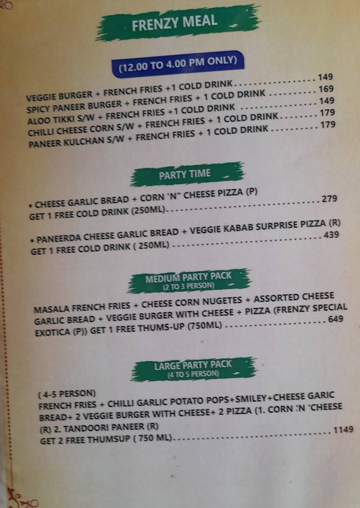 Menu at Frenzy, Boisar
