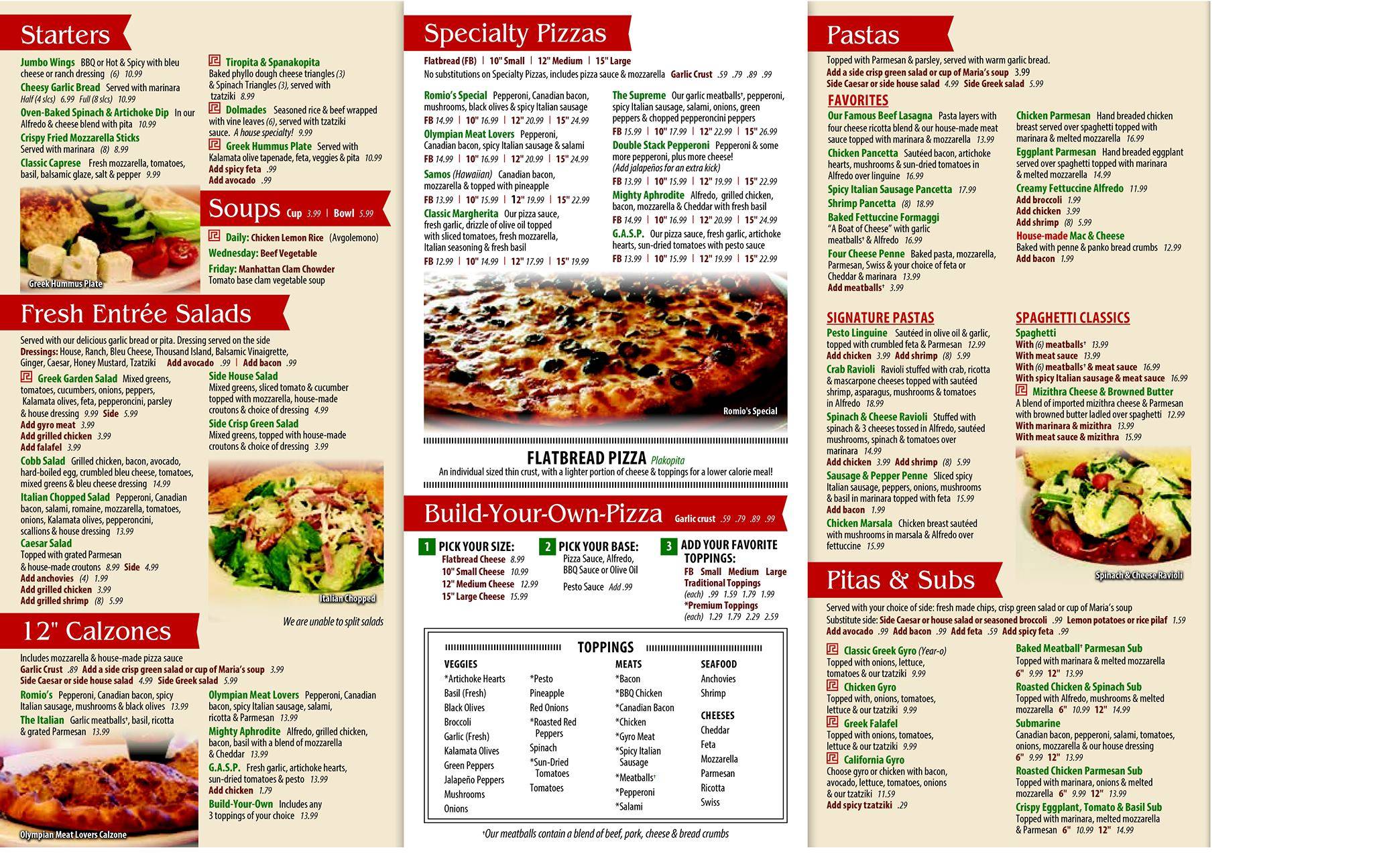 Carta de pizzería Romio's Greek & Italian Kitchen, Boise, W Fairview Ave