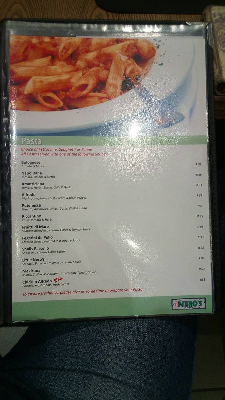 Menu at Little Neros restaurant, Boksburg