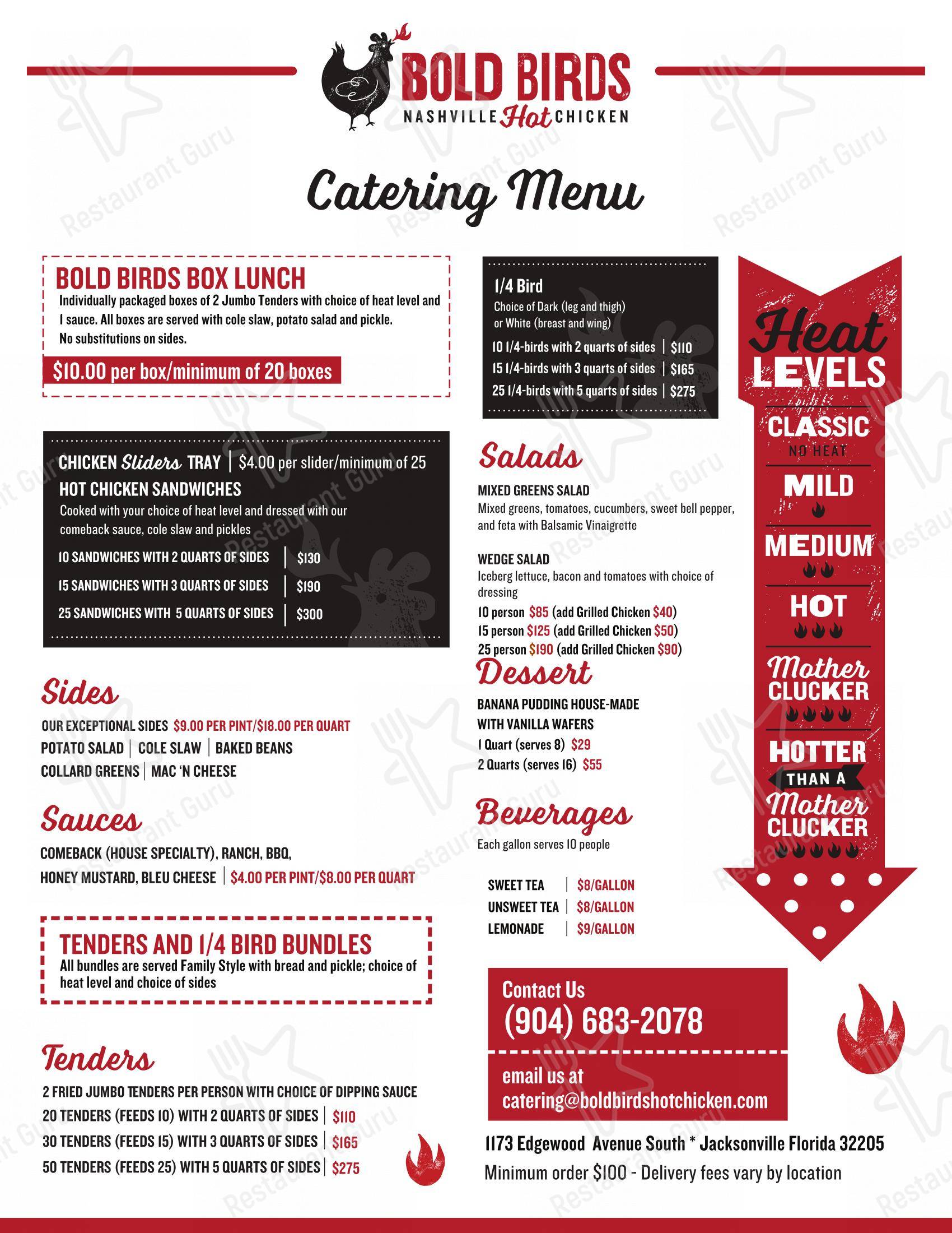 Menu at Bold Birds Nashville Hot Chicken restaurant, Jacksonville