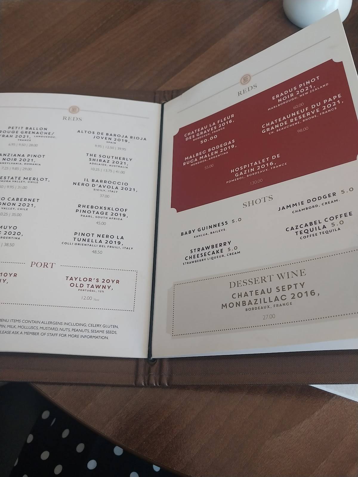 Menu at Bolero Bar, Worcester