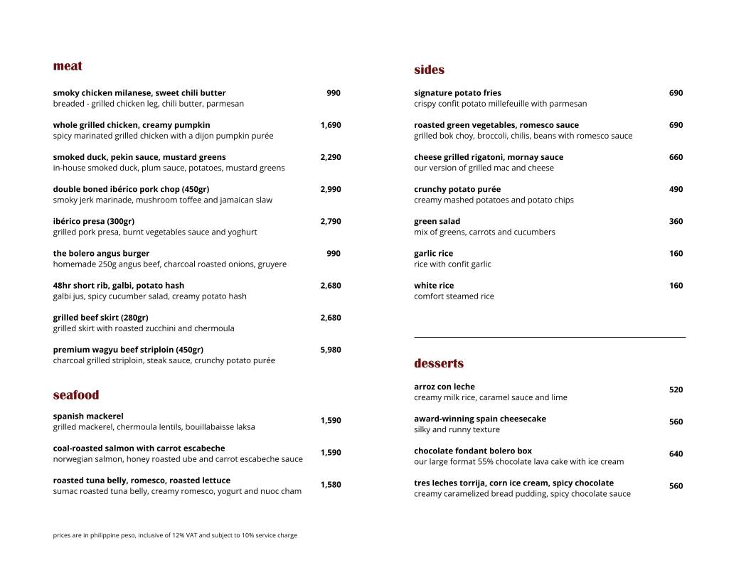 Menu at Bolero restaurant, Taguig
