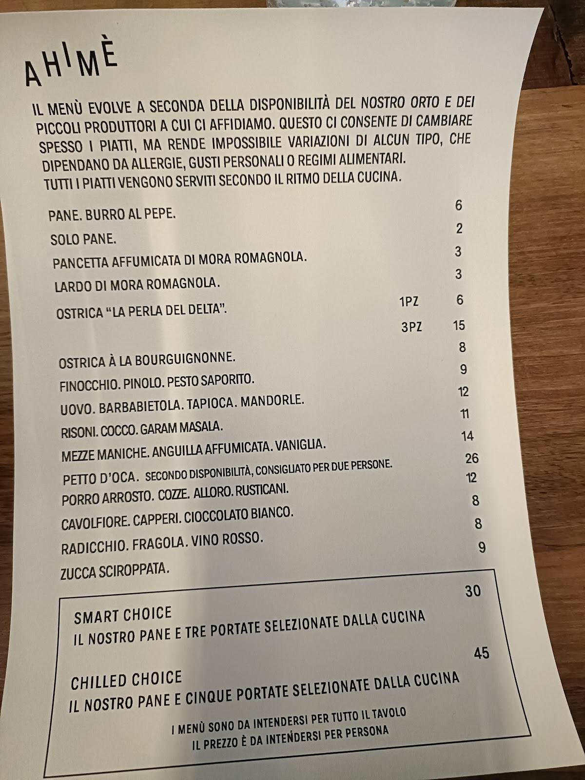 Menu at Ahimè restaurant, Bologna, Via S. Gervasio