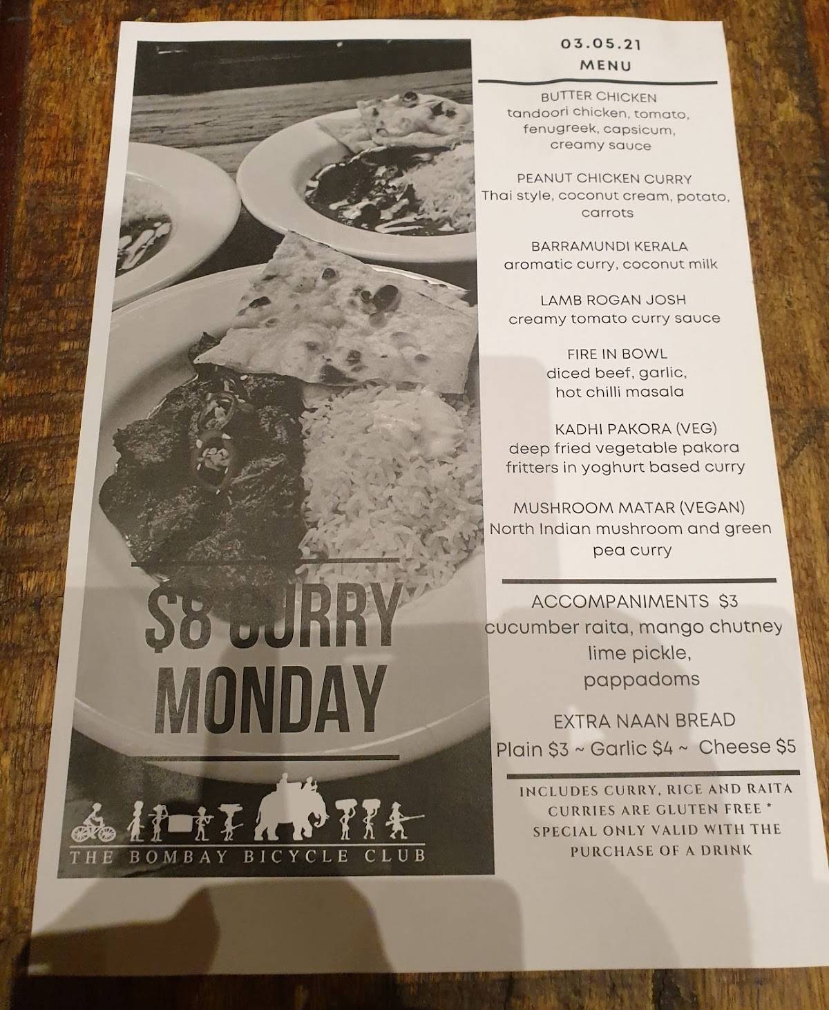 Menu at Bombay Bicycle Club, Ovingham, 29 Torrens Rd