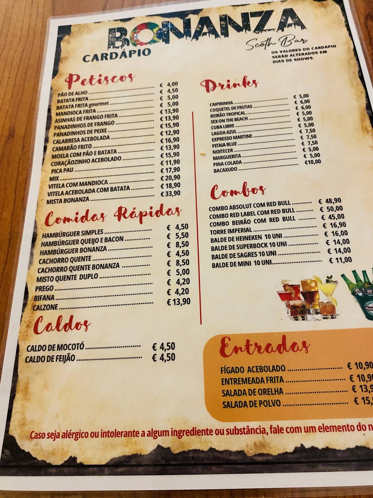 Menu at Bonanza Scoth Bar, Malveira