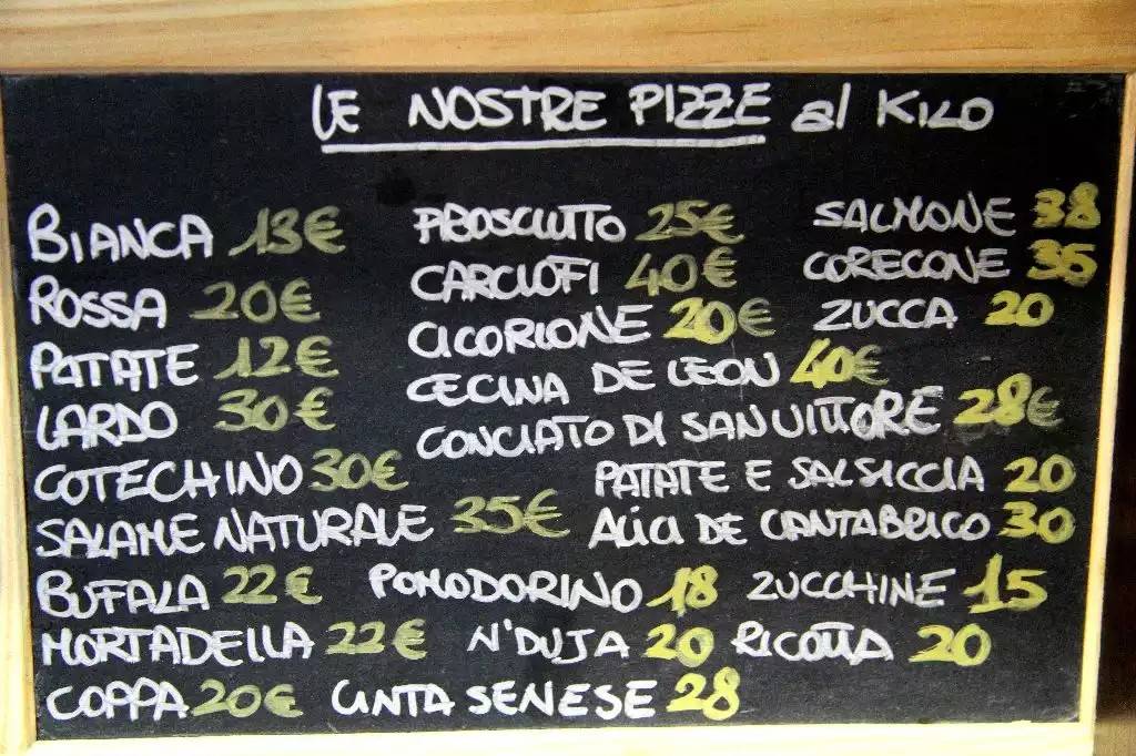 Menu at Bonci Pizzarium pizzeria, Rome