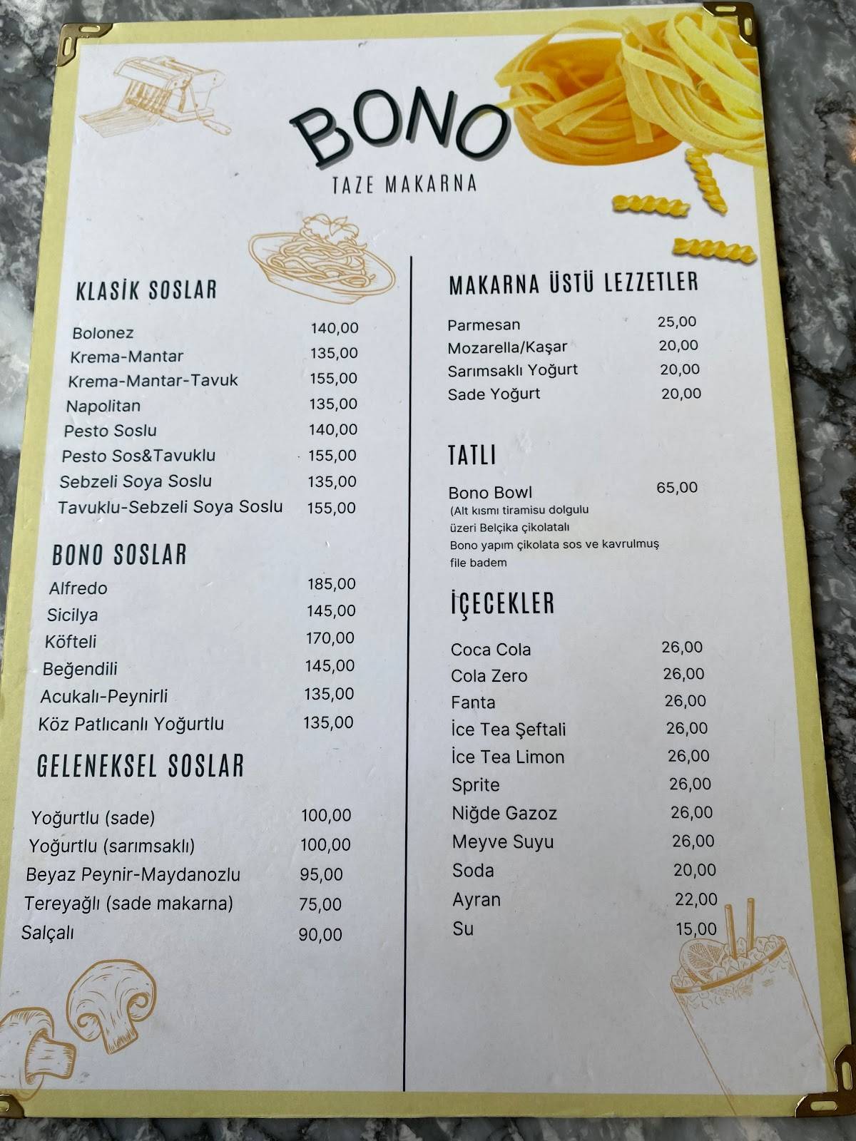 Menu at Bono Taze Makarna, Istanbul