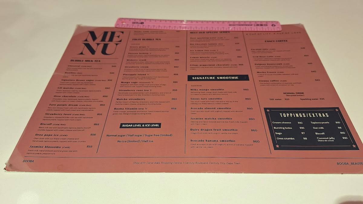 Menu at Booba Beautea, Cape Town