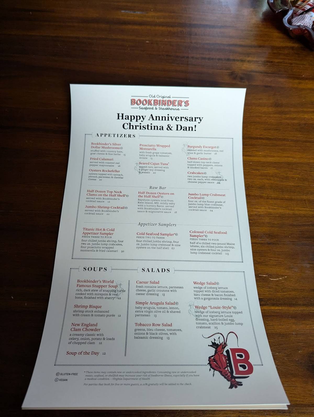 Menu at Bookbinder's Seafood & Steakhouse, Richmond