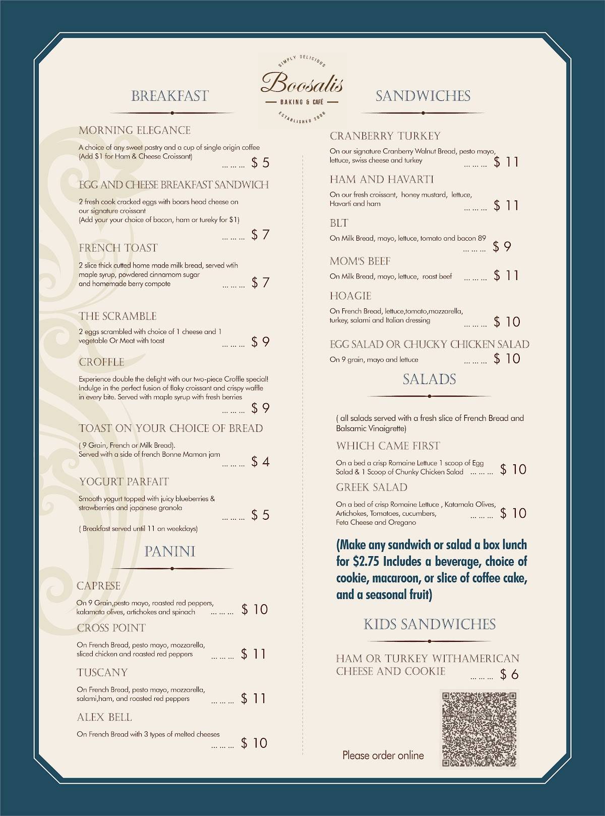 Menu at Boosalis Baking and Cafe, Dayton