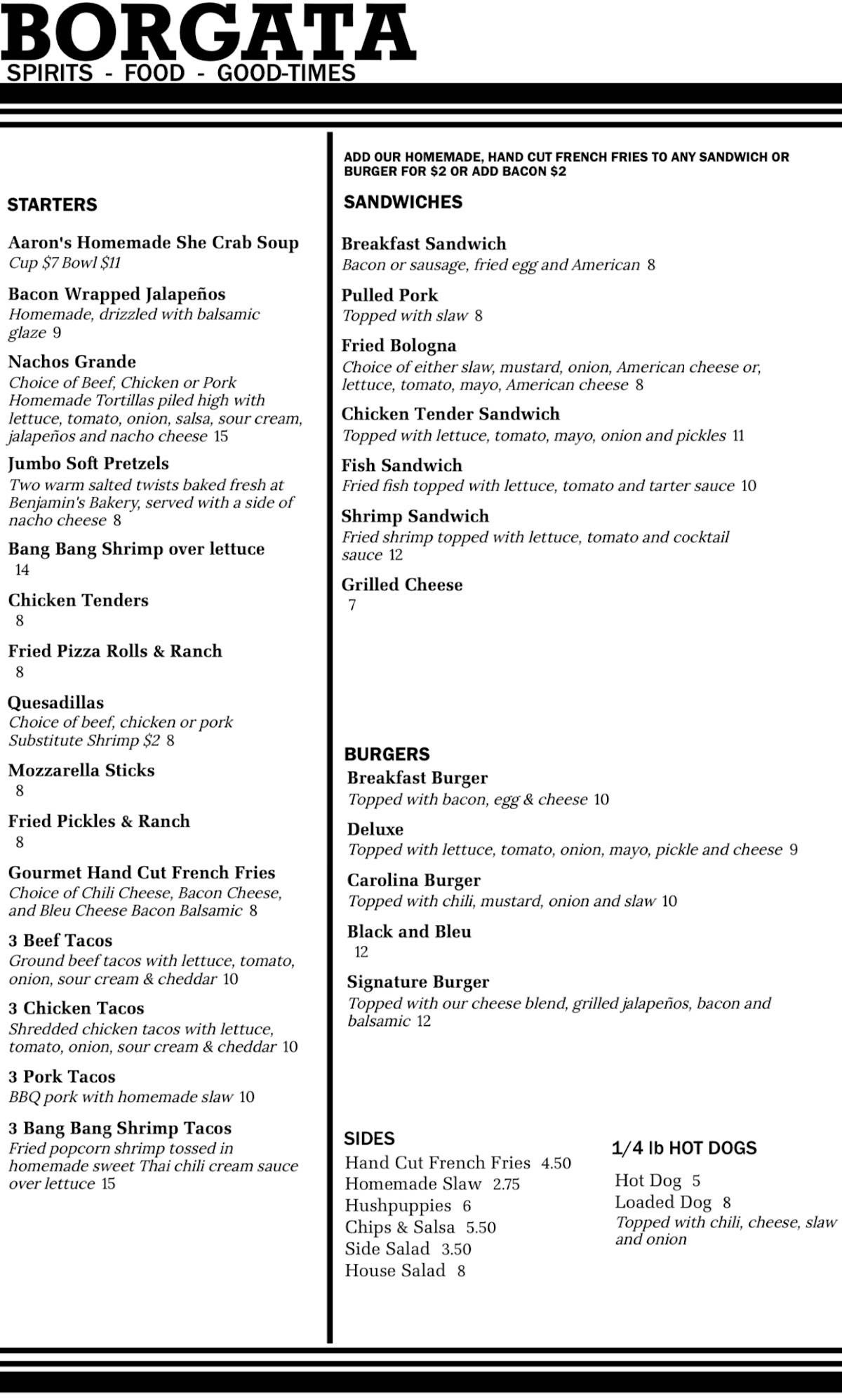 Menu at Borgata of Surfside pub & bar, Surfside Beach