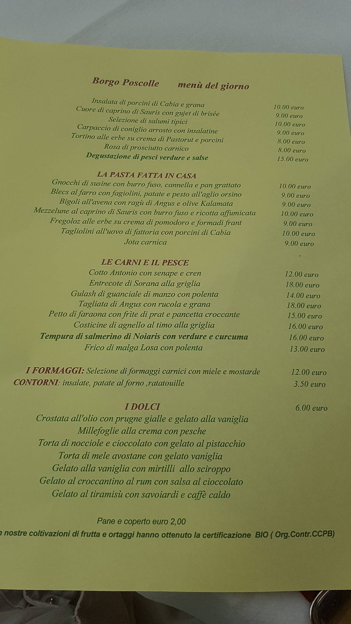 Menu da Borgo Poscolle ristorante, Cavazzo Carnico