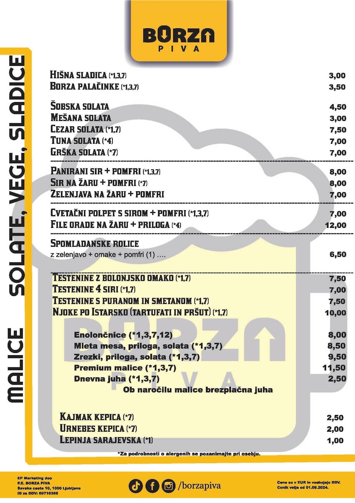 Menu at Borza piva pub & bar, Ljubljana