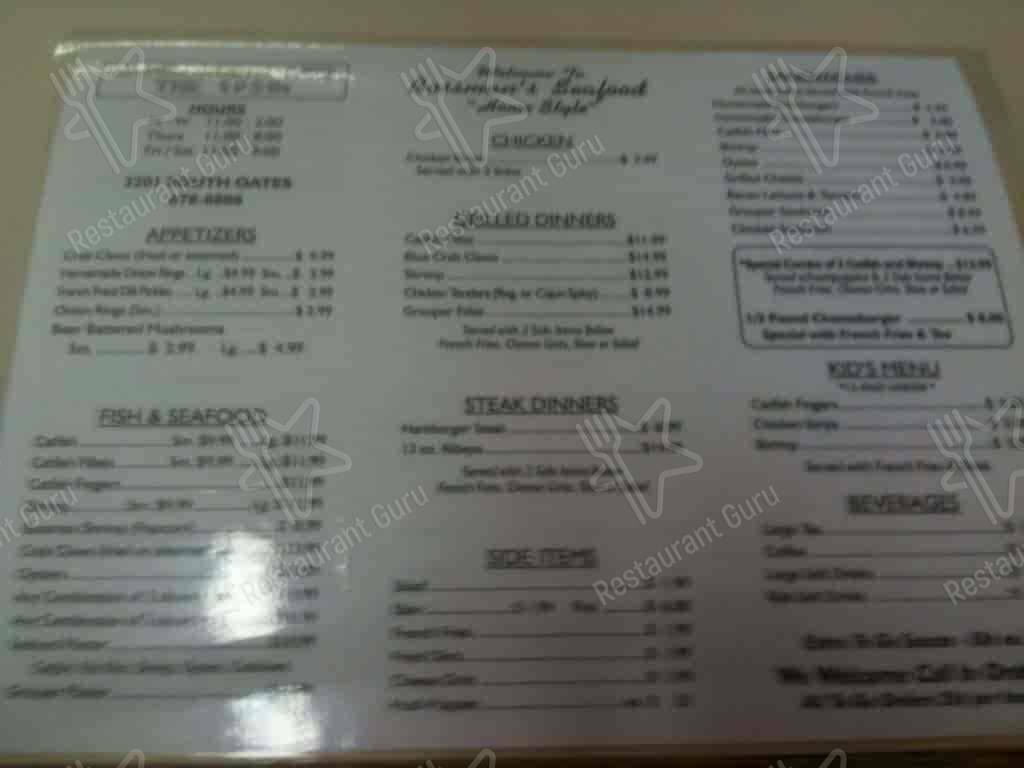 Menu at Bossman's Sea Food restaurant, Dothan, S Oates St