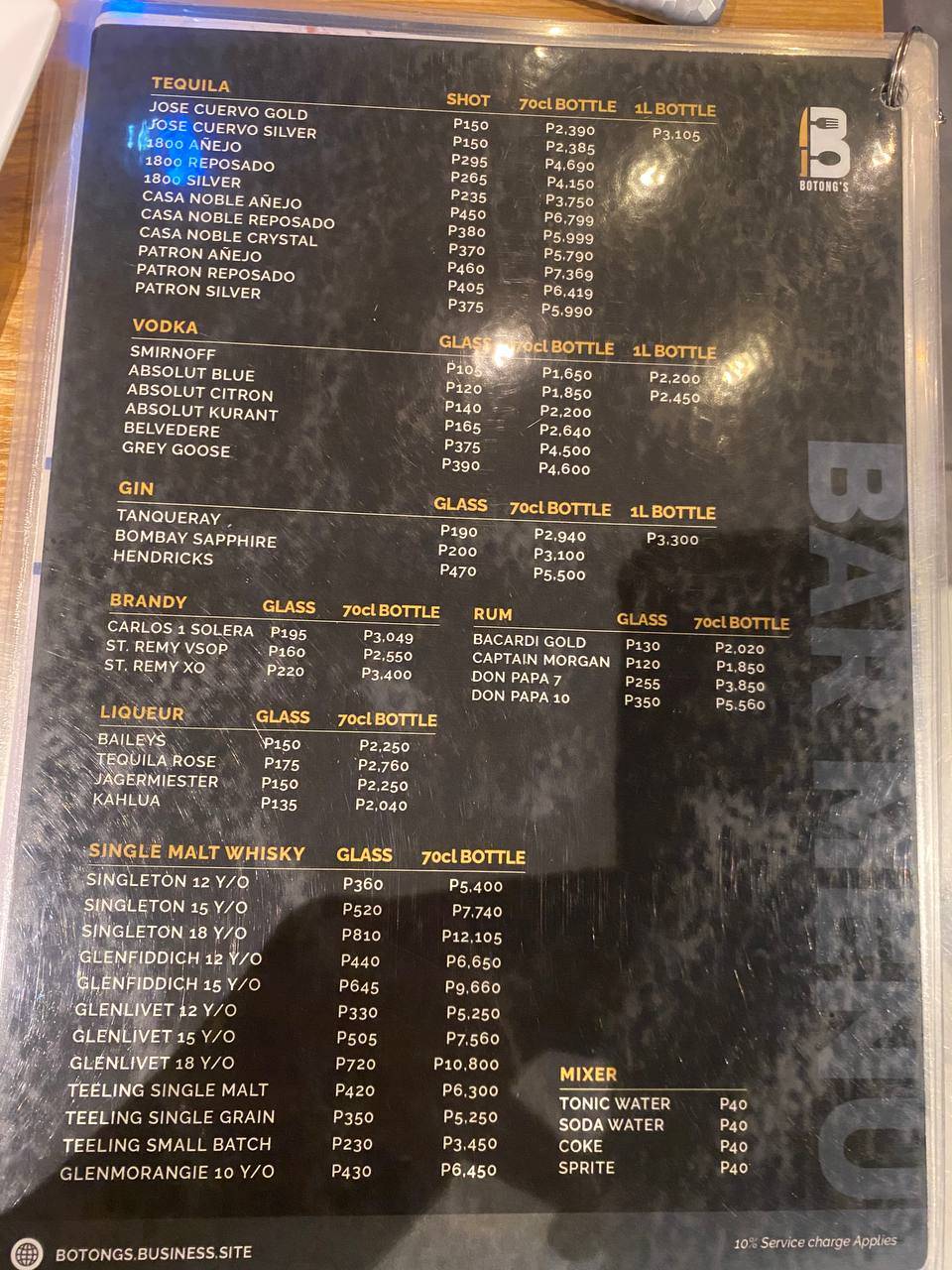 Menu at Botong's pub & bar, Makati
