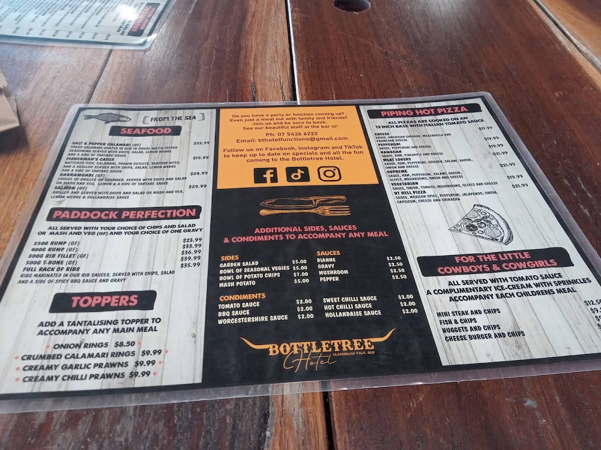 Menu at Bottletree Hotel pub & bar, Australia