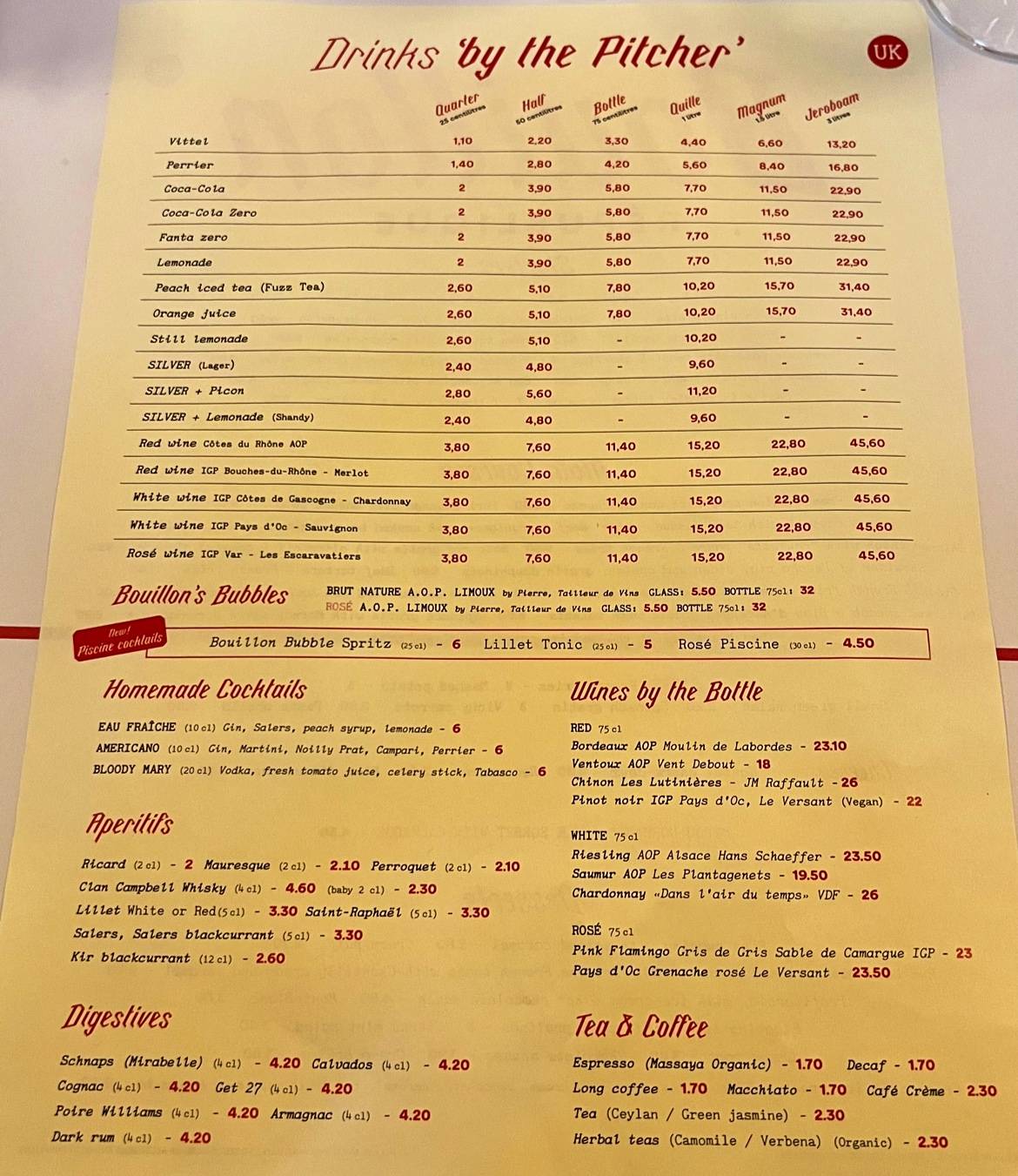 Menu au Bouillon République, Paris