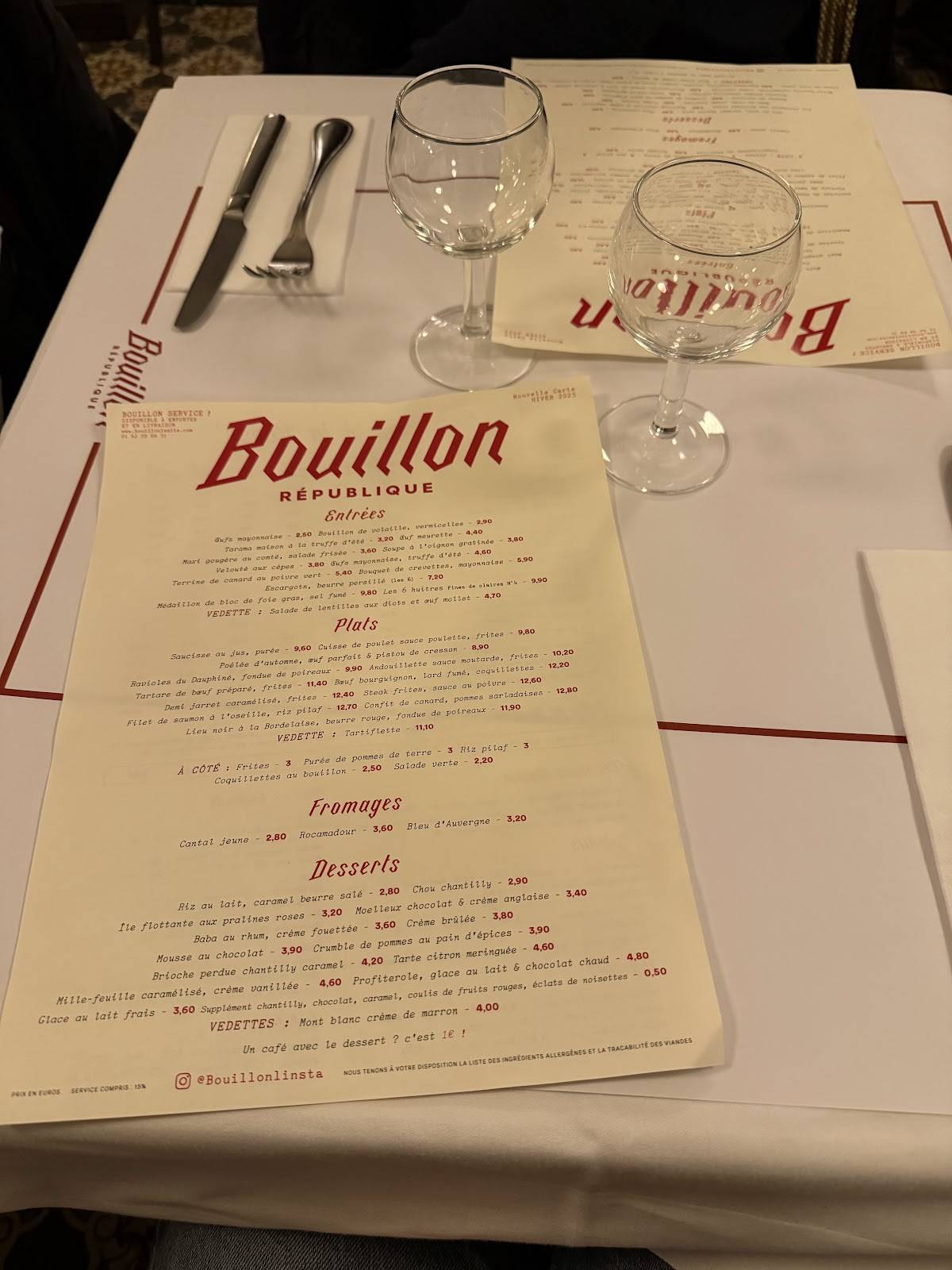 Menu au Bouillon République, Paris