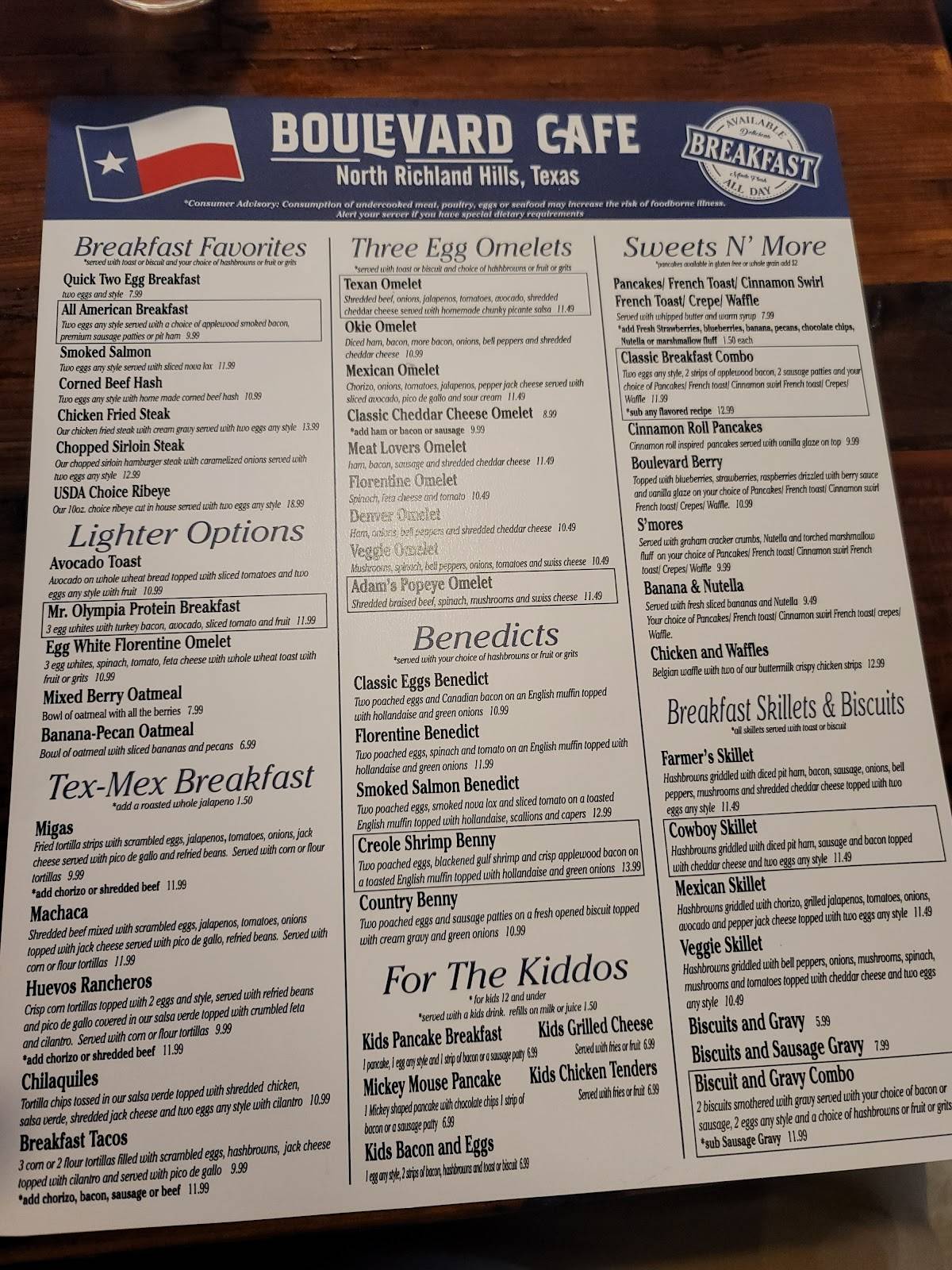 Menu at Boulevard Cafe, North Richland Hills