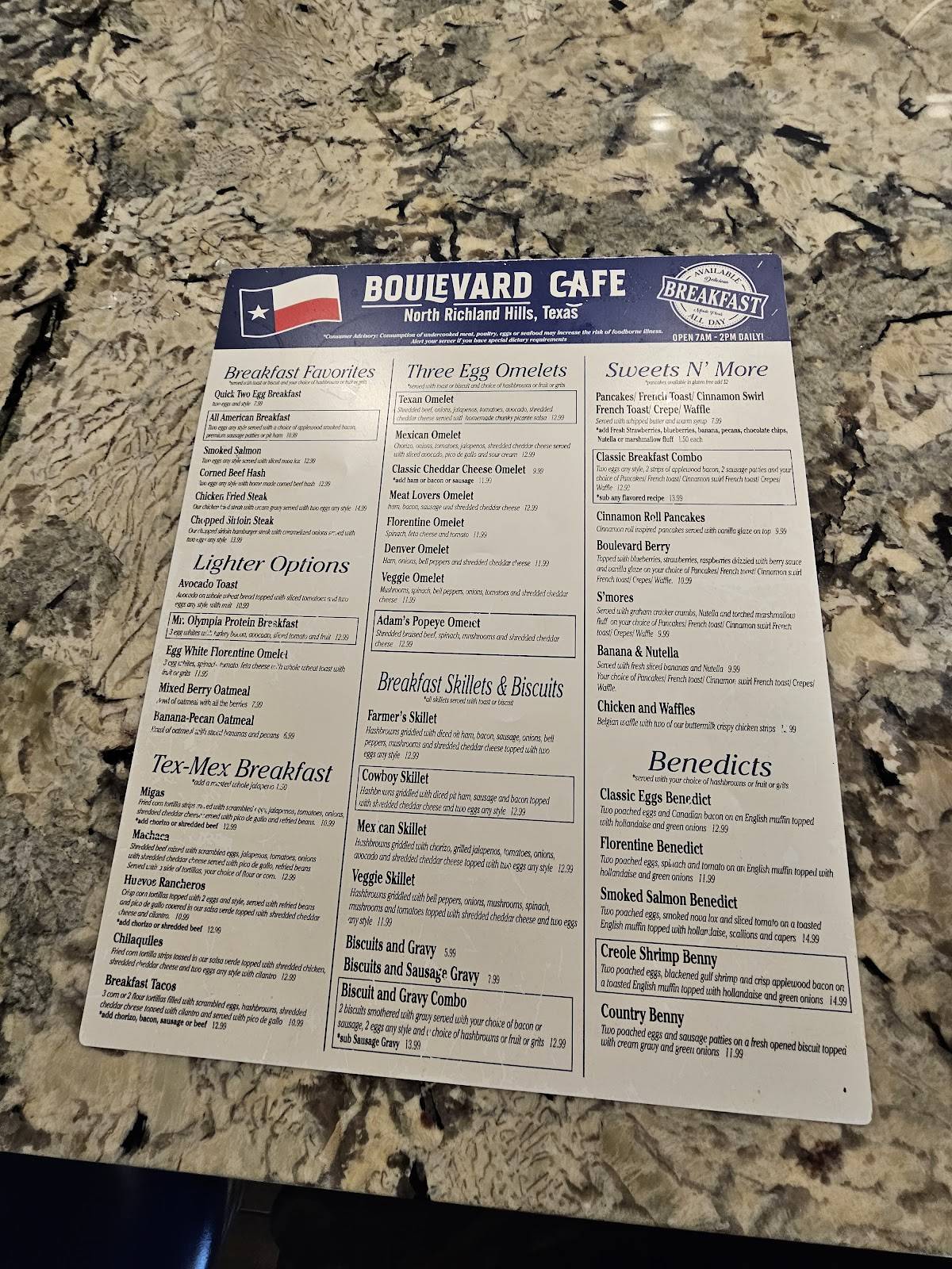 Menu at Boulevard Cafe, North Richland Hills