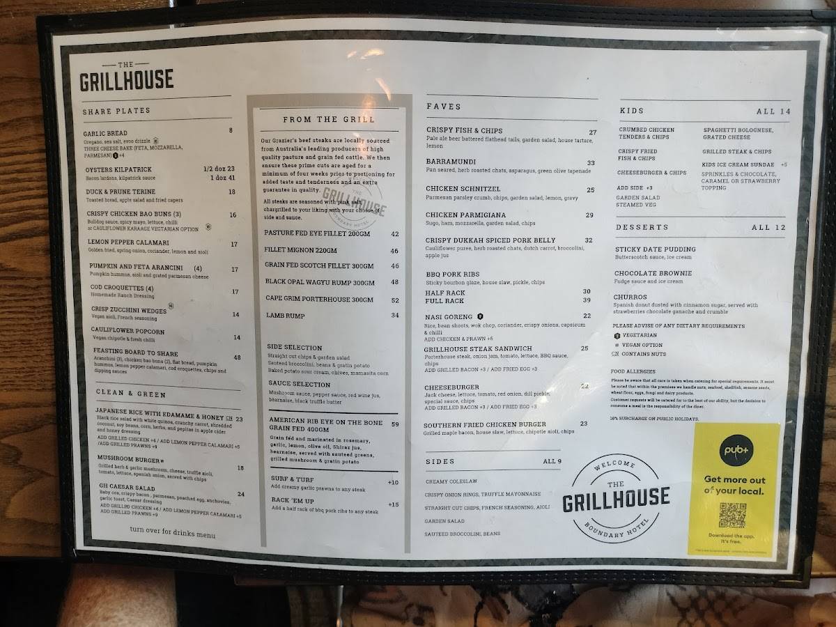 Menu at Boundary Hotel restaurant, Bentleigh East