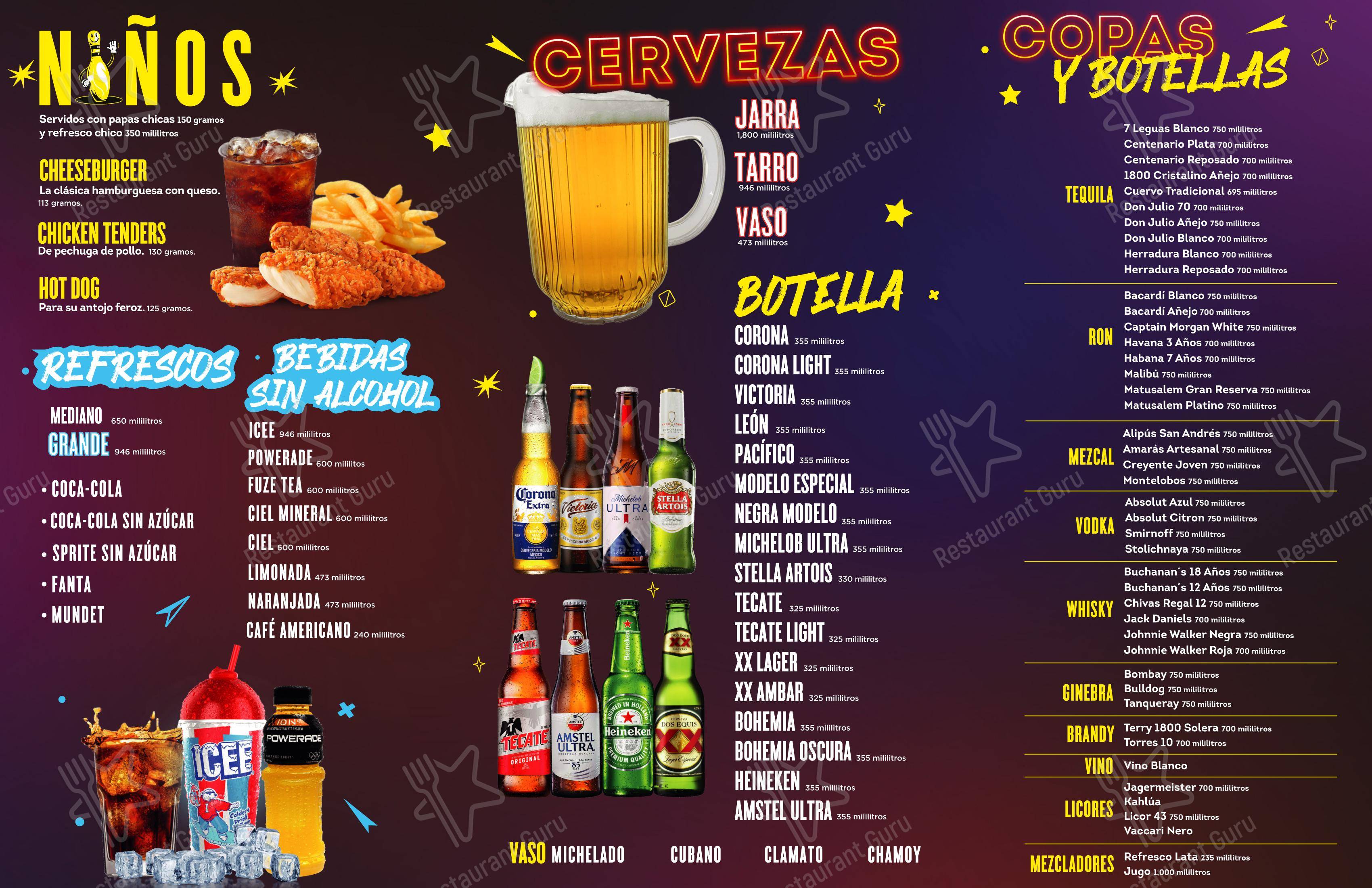 Menu at Bowlero Polanco pizzeria, Mexico City, Juan Vazquez de Mella 315