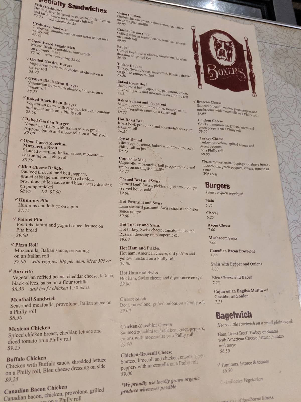 Menu at Boxer's Cafe, Huntingdon