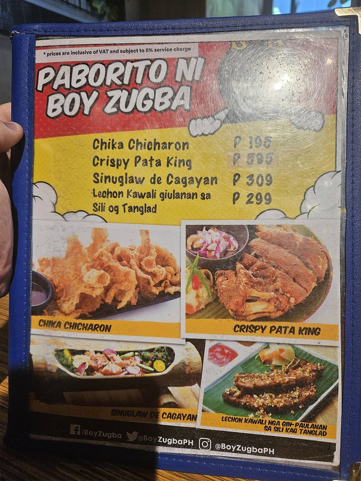Menu at Boy Zugba restaurant, Cebu City, Central Bloc