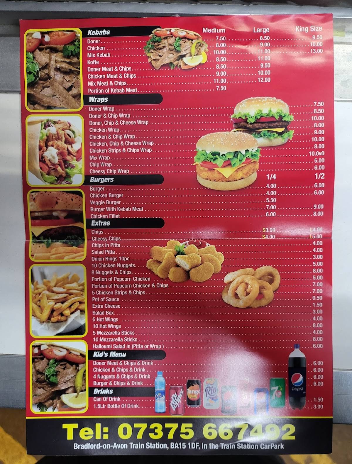 Menu at Bradford Kebab Van restaurant, Bradford-on-Avon, Station Approach