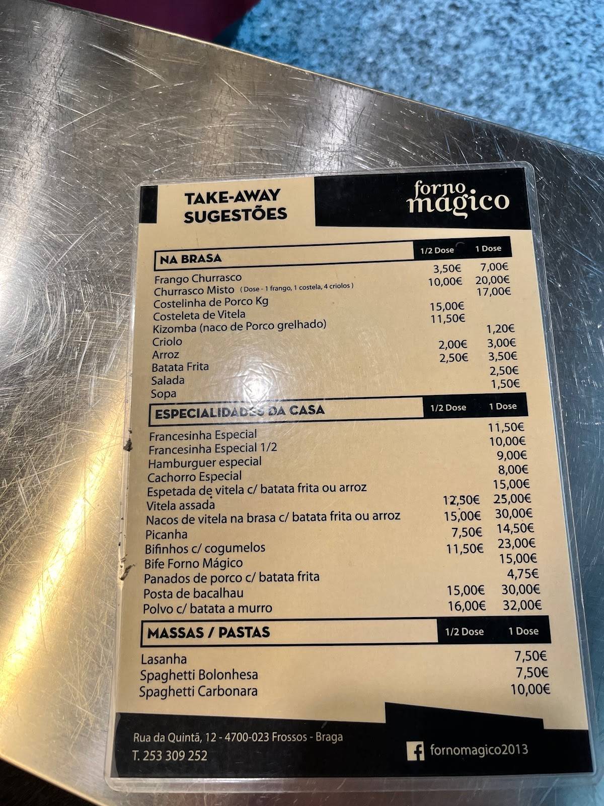 Menu em Forno Mágico restaurante, Braga, R. da Quintã 12