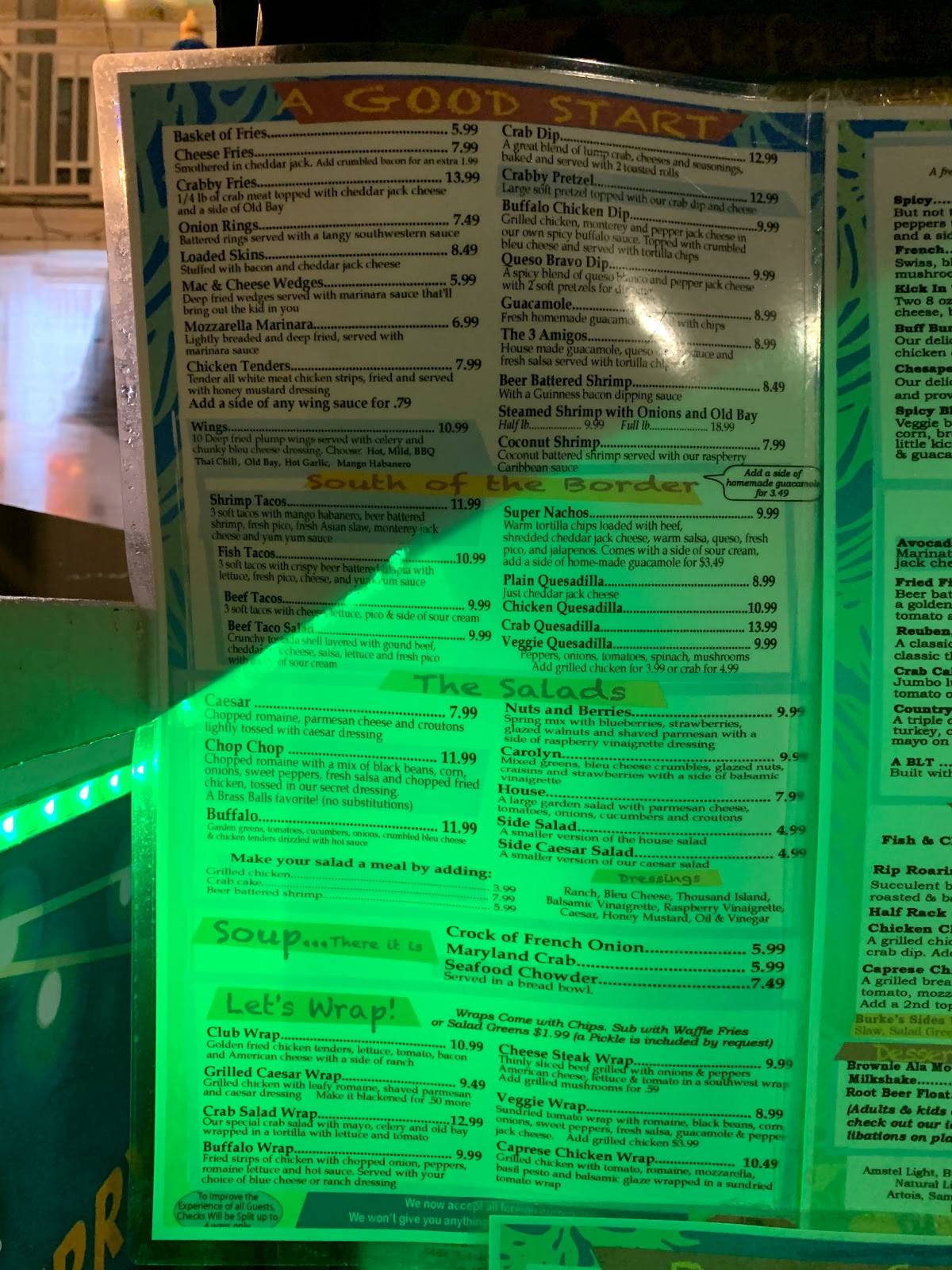 Menu at Brass Balls Saloon pub & bar, Ocean City