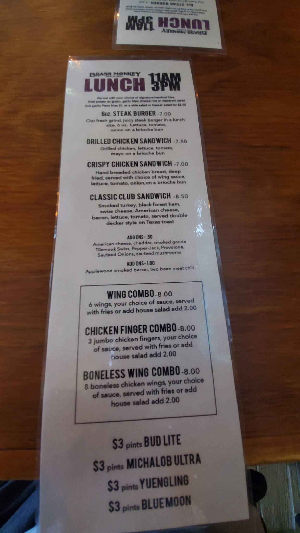 Menu at Brass Monkey pub & bar, Greenville
