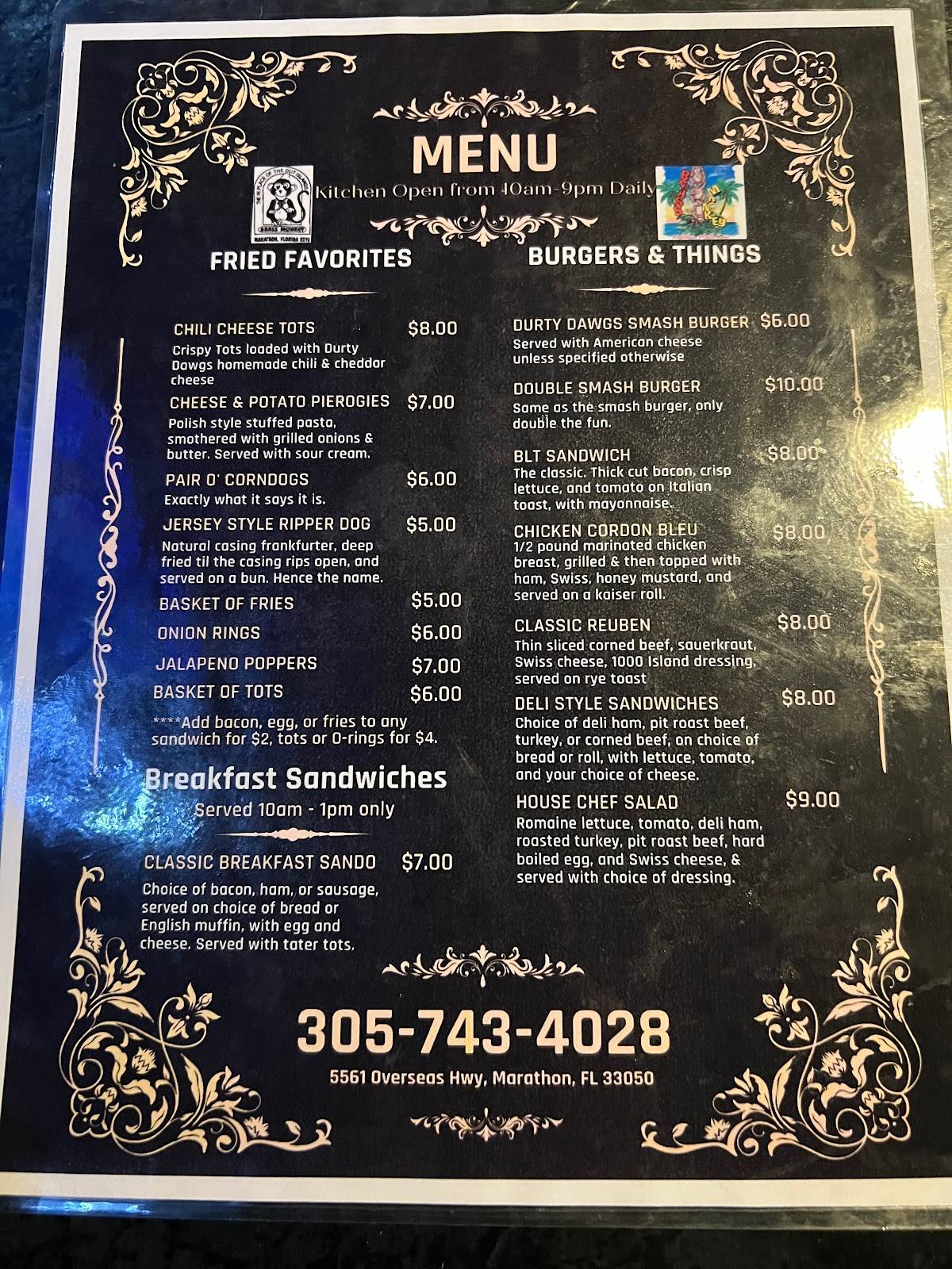 Menu at Brass Monkey pub & bar, Marathon, Overseas Hwy