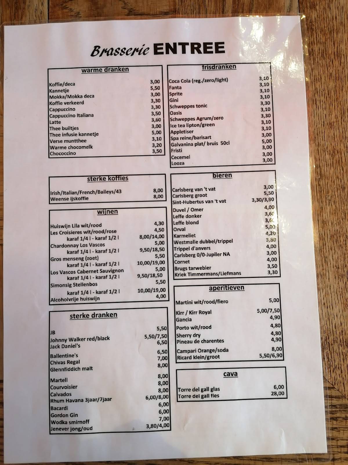 Menu at Brasserie Entrée, Sint-Niklaas