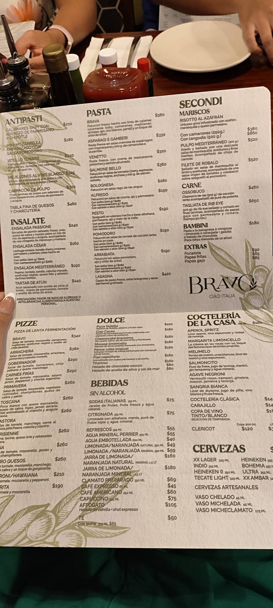 Carta del restaurante Bravo Ciao Italia, Tuxtla Gutiérrez