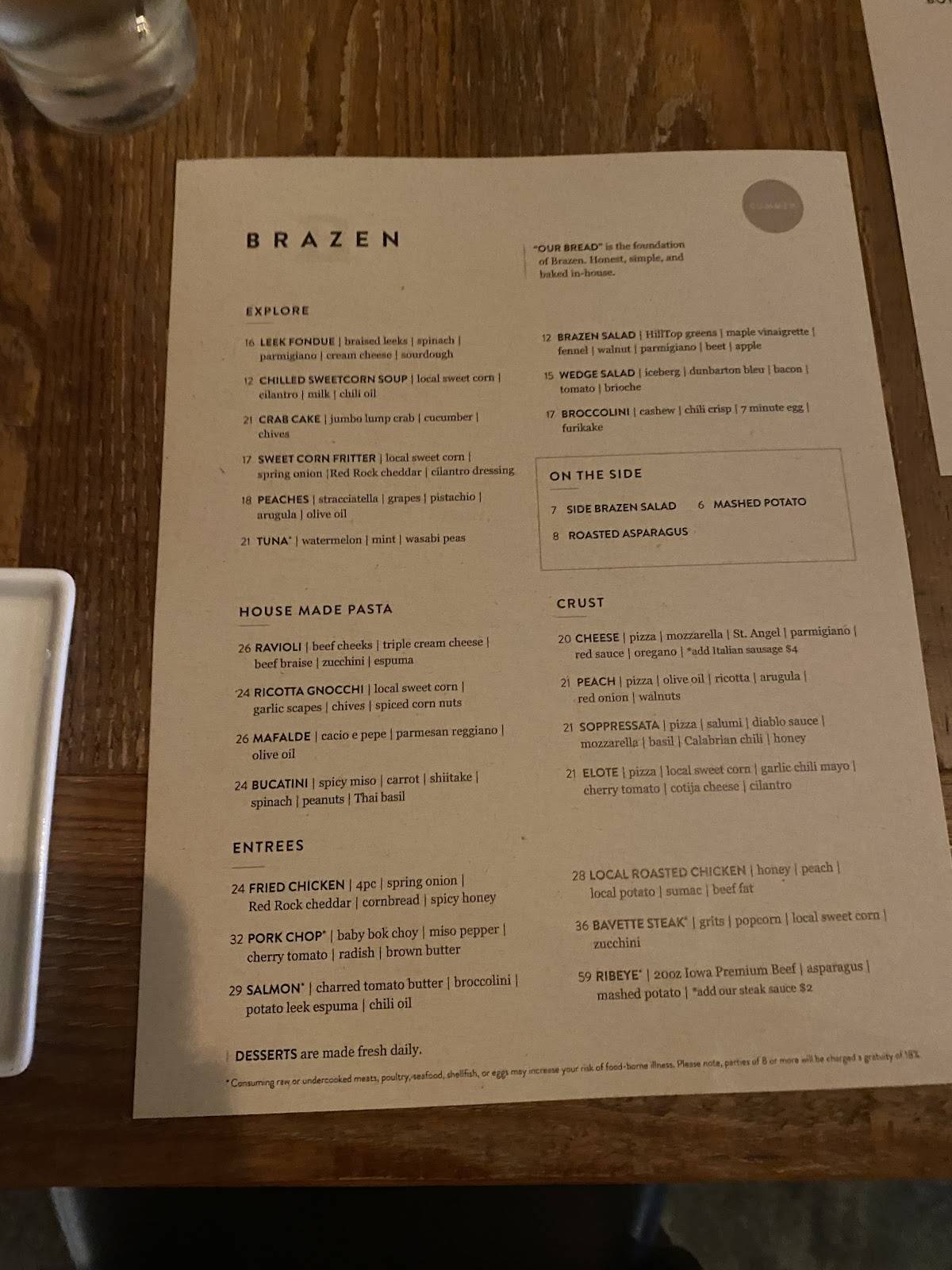 Menu at Brazen Open Kitchen Bar, Dubuque