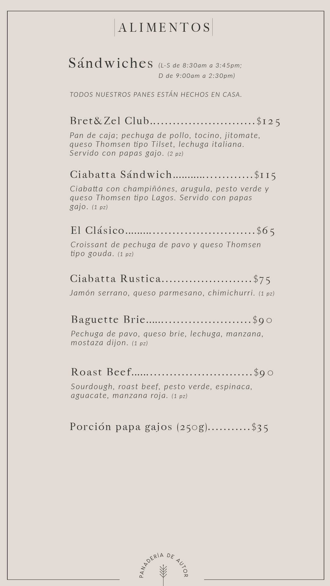 Carta del restaurante Bret and Zel, Leon, P.º del los Insurgentes 3356 ...