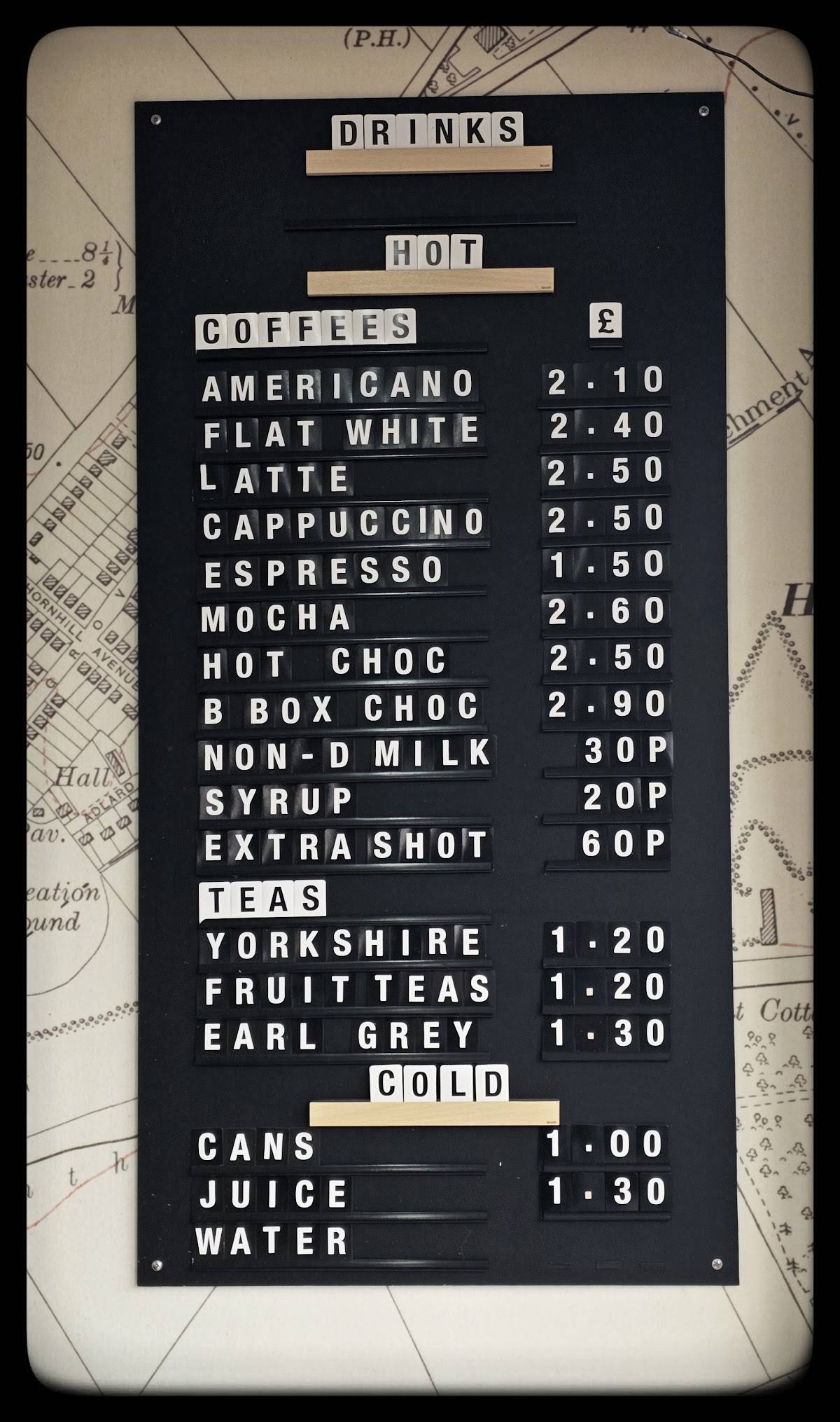 Menu at Brew Box cafe, Doncaster
