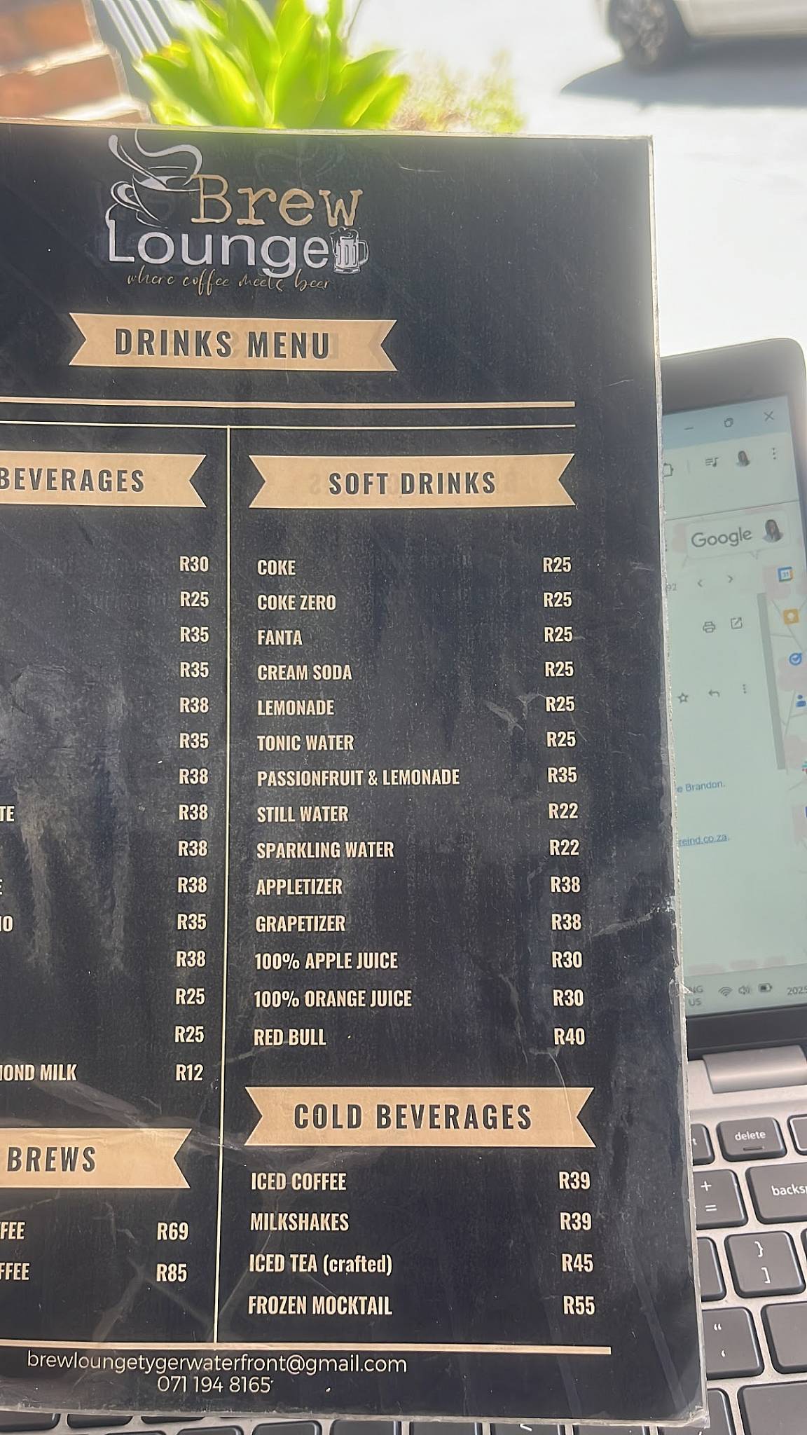 Menu at Brew Lounge restaurant, Cape Town