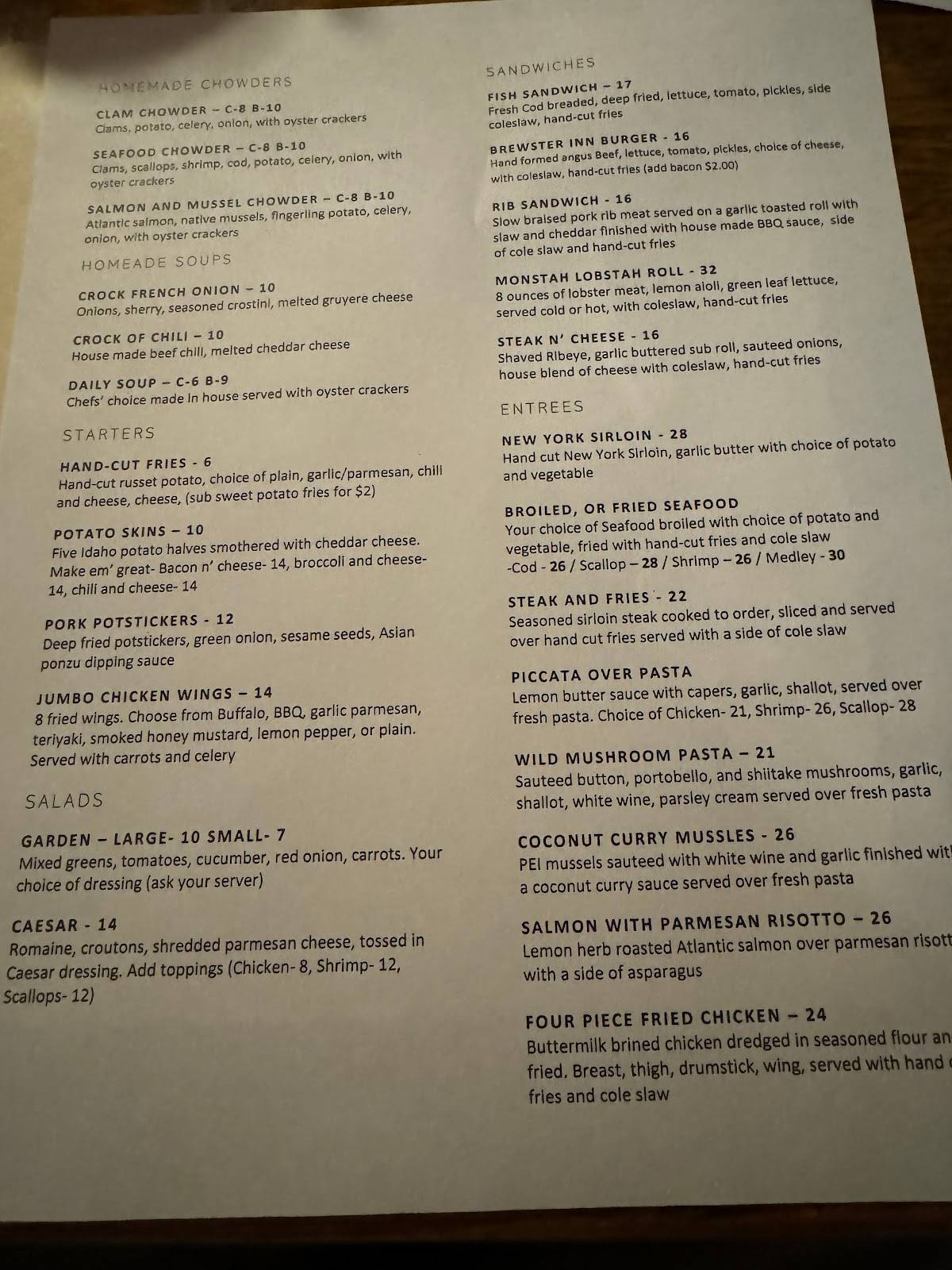 Menu at Brewster Inn & Chowder House restaurant, Brewster