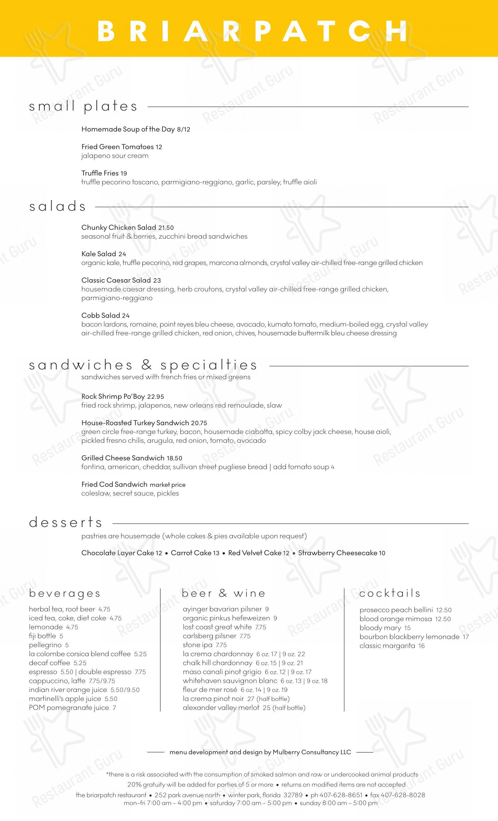 Menu at Briarpatch Restaurant, Winter Park