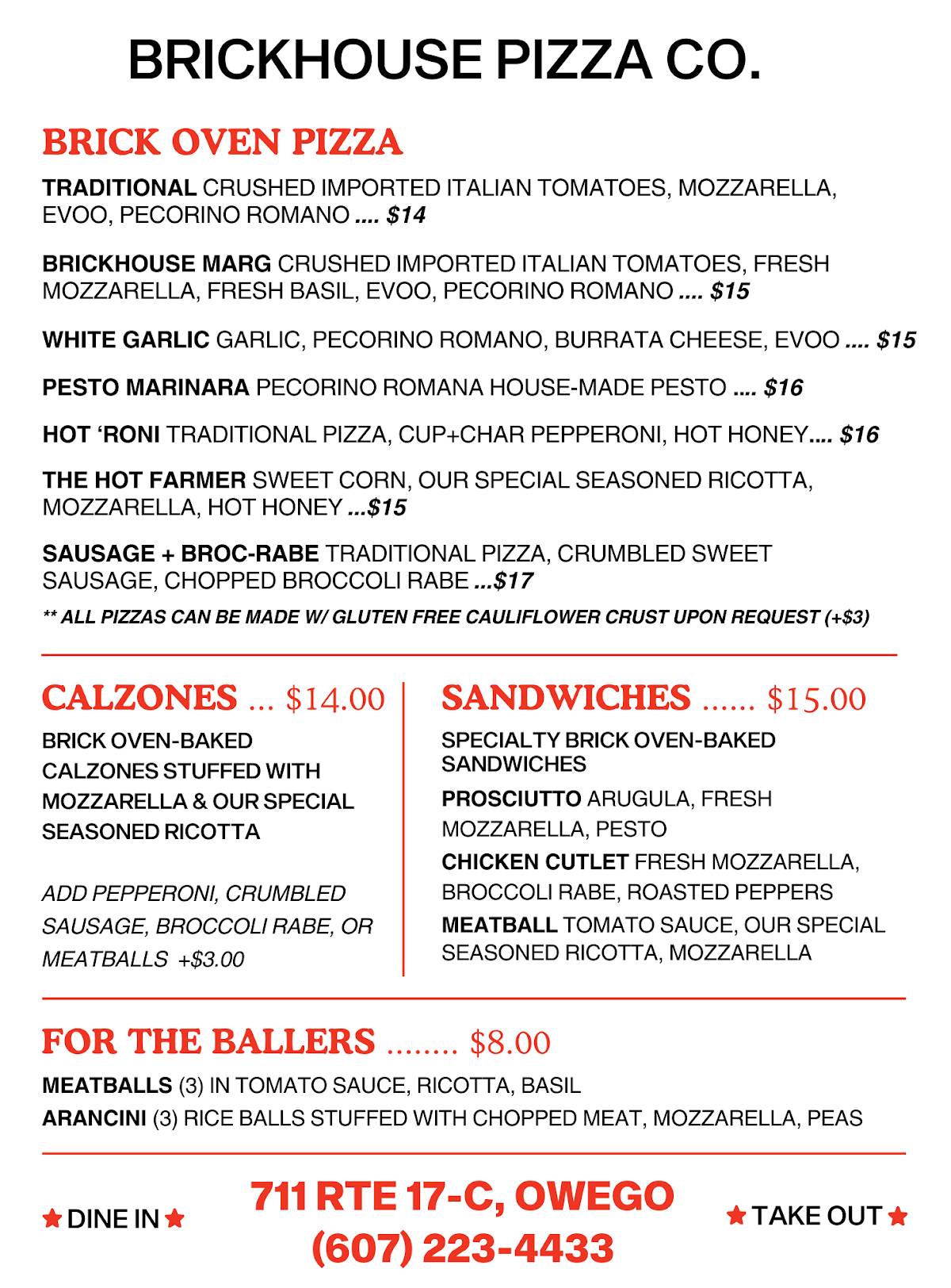 Menu at Brickhouse Pizza pizzeria, Owego