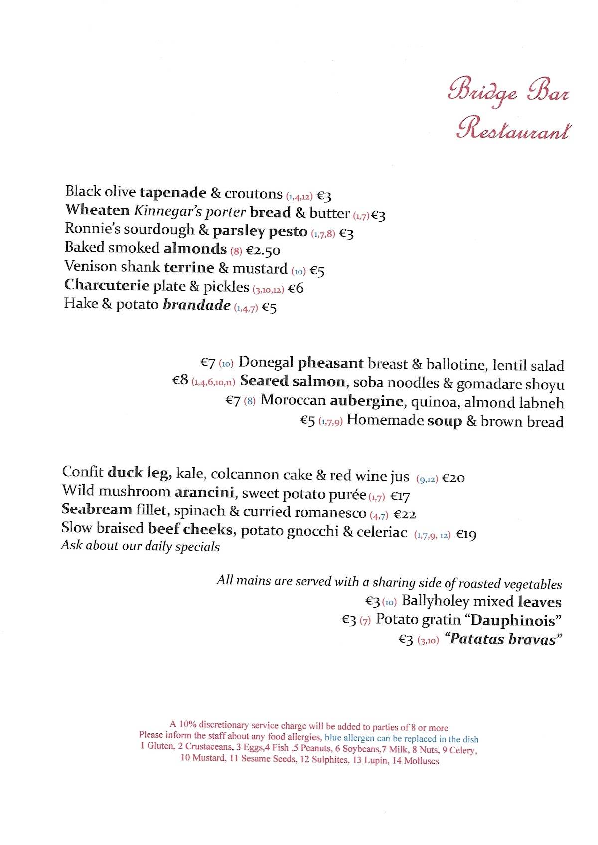 Menu at Bridge Bar Restaurant, Ramelton