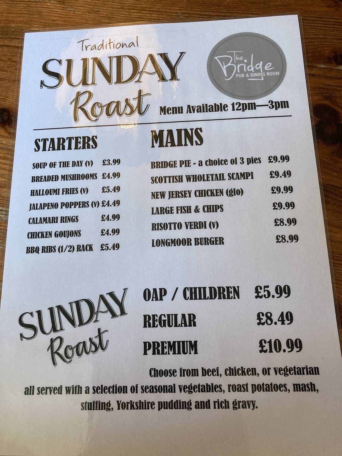 Menu at Bridge Inn pub & bar, Nottingham, Longmoor Ln
