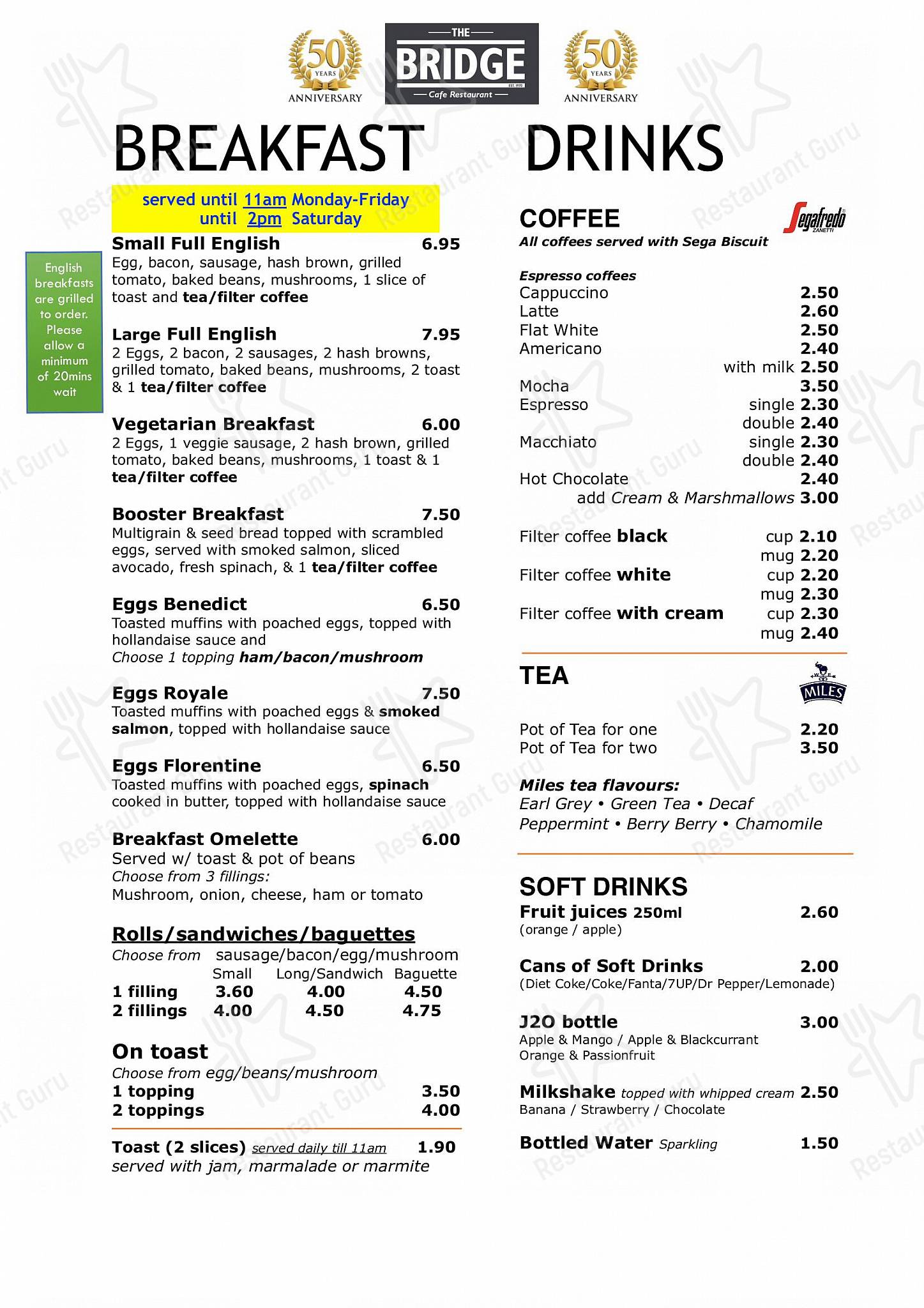 Menu at The Bridge Cafe/Restaurant, Bridgwater
